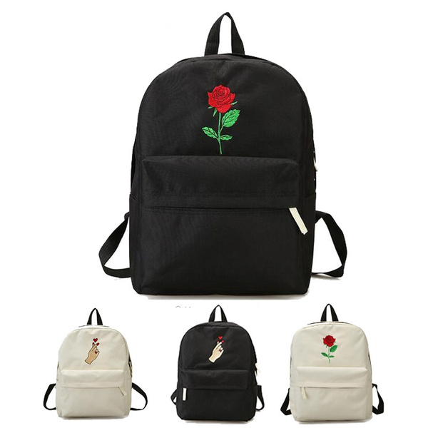 Men Heart Canvas Backpack Cute Women Rose Embroidery Backpacks for ...