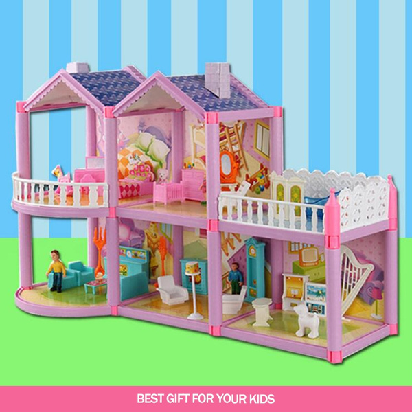Pink Playing House Toy DIY Plastic Cottage Building Blocks Toys ...