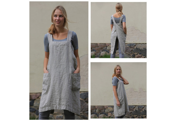 Aprons Washed long apron with deep pockets Square Cross Linen Apron ...