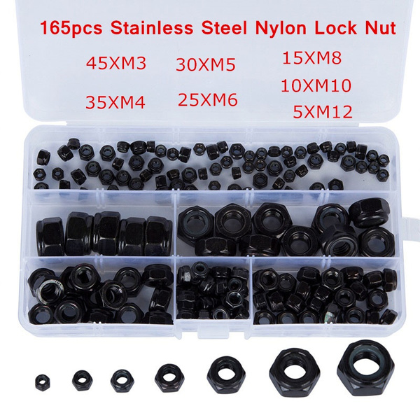 165pcs M3 M4 M5 M6 M8 M10 M12 Stainless Steel Nylon Screw Lock Hex Nut ...