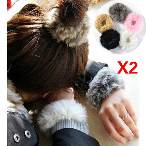 2 Pcs Fashion Fluffy Faux Fur Furry Scrunchie 8 Colors Optional Elastic ...