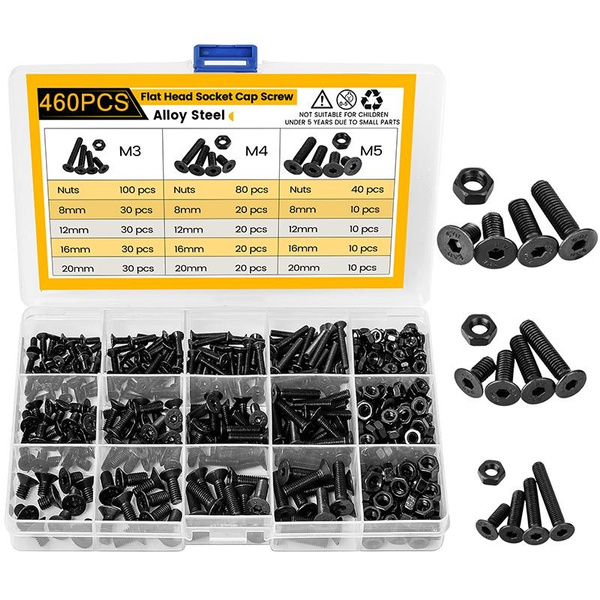 460-Pcs M3 M4 M5 10.9 Grade Alloy Steel Countersunk Flat Head Hex Socket Cap Screws Nuts Set ...