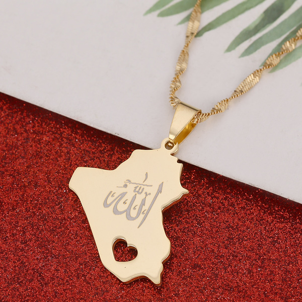 Republic Of Iraq Map Pendant Necklace Gold Color Allah Name Pendant ...