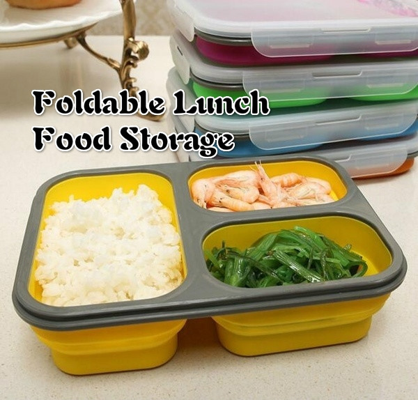 2 Cells Silicone Collapsible Portable Bento Box 900ml Microwave Oven Bowl Folding Food Storage ...