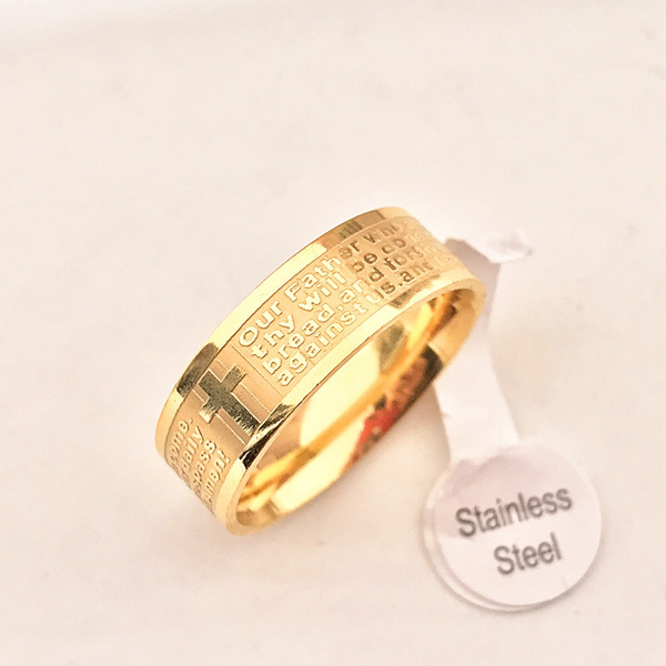 The Lord's Prayer Gold Silver Jesus Cross Stainless Steel Etching Rings ...