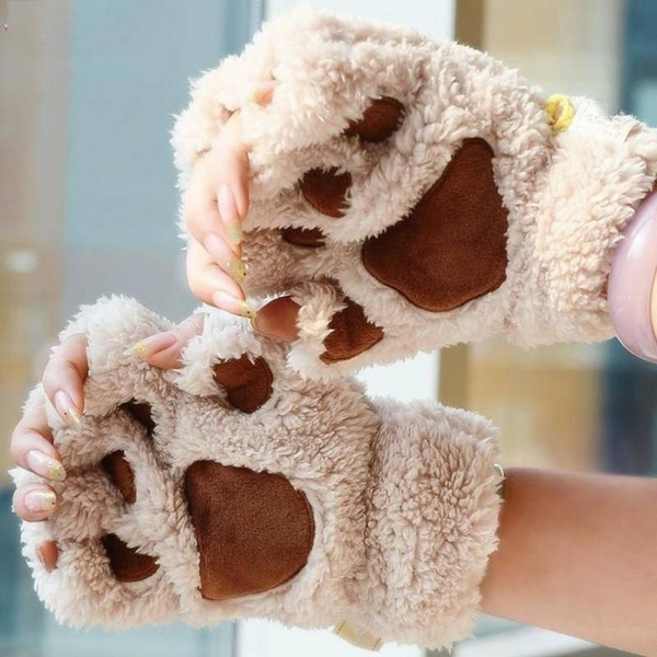 NEW Cute Women Cat Claw Paw Mitten Plush Glove Costume Cute Winter Half ...