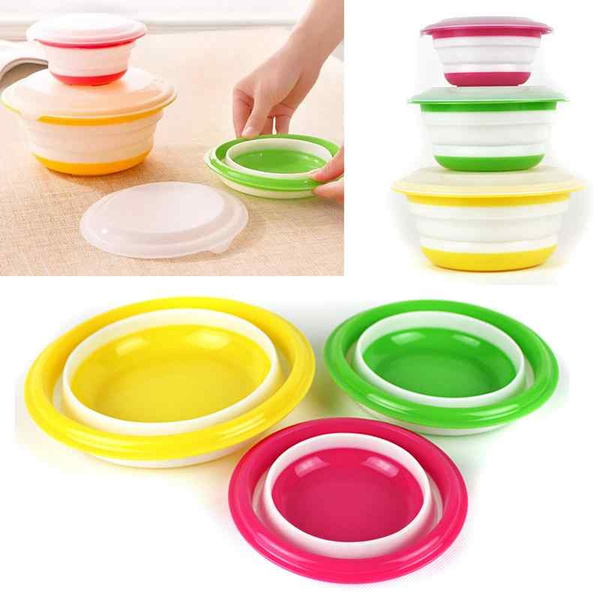 3Pcs/set Silicone Collapsible Storage Bowls Lids Set Stackable Food ...