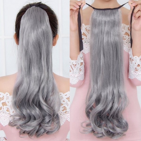 Hair Ponytails Long Wavy 45cm Long Grey Hair Hairpiece Extension ...
