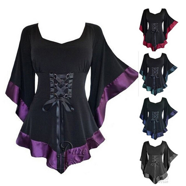 Womens Tops Tunic Long Gothic Punk Hip Hop Clothes Ladies Blouse Puls ...