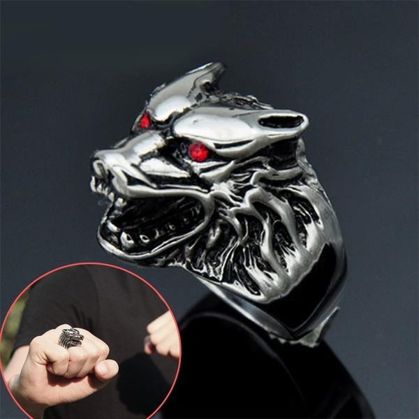Stainless Steel Wolf Werewolf Ruby Eyes Finger Ring 6-13 | Wish