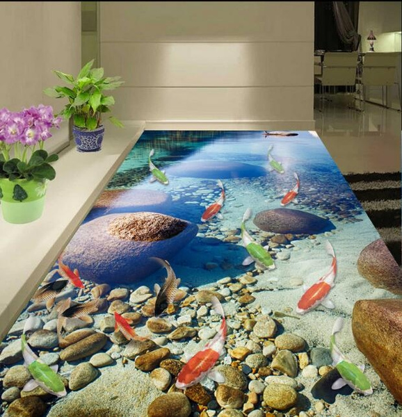 Custom 3D fishes in river Living Room Restaurant Bathroom Floor Sticker ...
