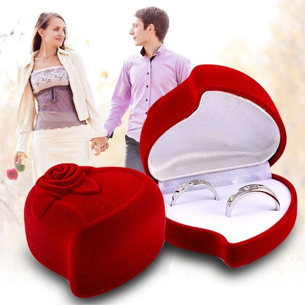 1pc Romantic Red Heart Shape Velvet Engagement Ring Box Sweet Rose ...