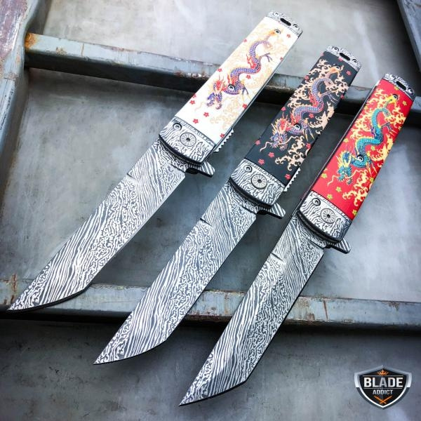 3 COLORS AVAILABLE 8" Dragon Damascus Sword Style Spring Assisted Open ...