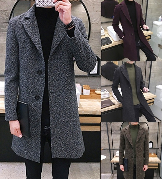 New Winter Woolen Long Peacoat Men Slim Fit Casual Thick Overcoat Mens ...