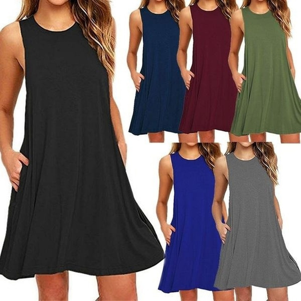 Women Sleeveless Pockets Casual Tank Plus Size Solid Vest Dresses S-5XL ...