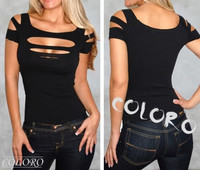 Sexy Fashion Short Sleeves Cut Out Shredded Top T Shirts Women's ...