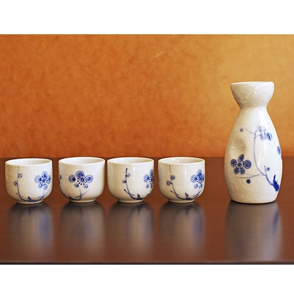 5 Piece Ceramic White and Blue Blossom Plum Japanese Sake Set White | Wish