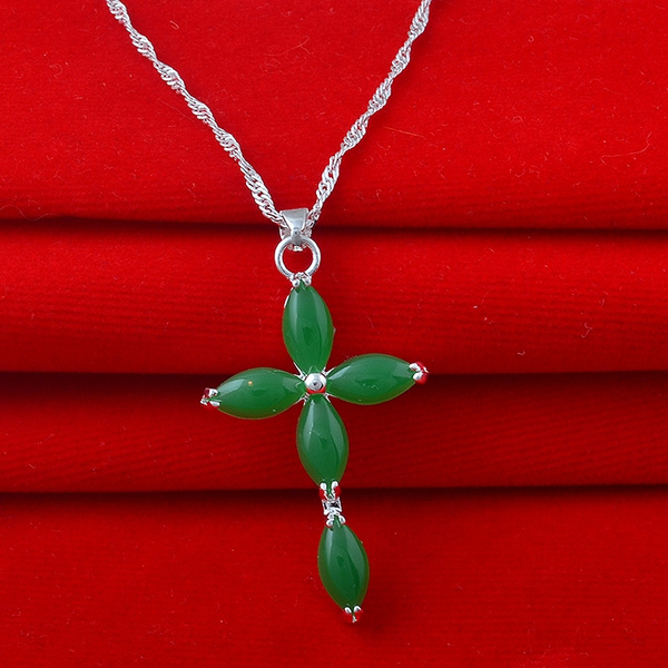 Beautifuln Green Jade Cross Pendant Necklace + Water Wave Chain | Wish