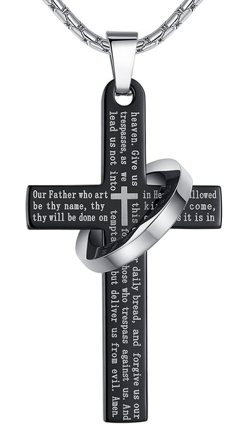 Men's Stainless Steel Large Our Father Lord's Prayer Cross Halo Pendant ...