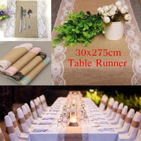 Wedding Party 30x275cm Rustic Burlap Lace Hessian Table Runner Natural ...