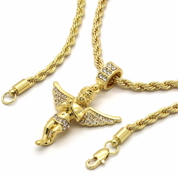Mens 14k Gold Plated Hip Hop Angel Iced Out Pendant 4mm 24" Rope Chain ...