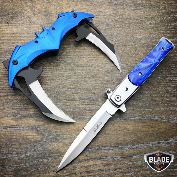 2PC Dark Knight Spring Assisted Dual Blade Batman Stiletto Pocket Knife ...