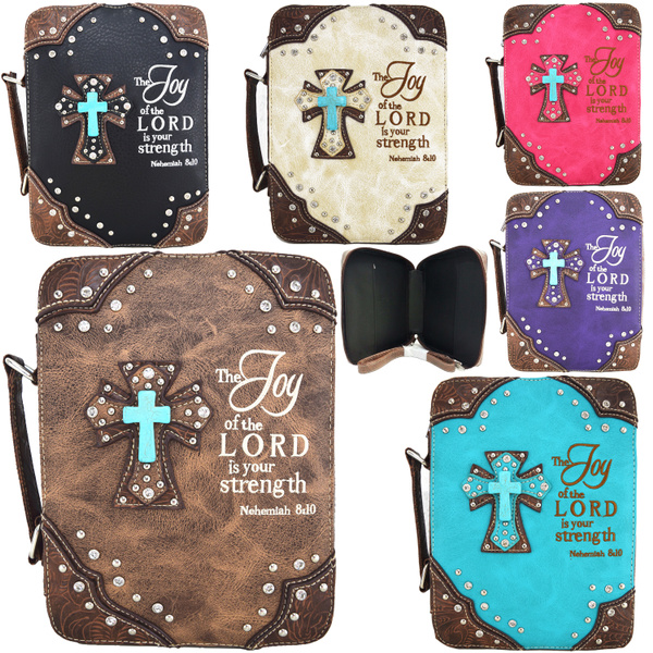 Western Style Country Bible Cover Cross Embroidery Scripture Nehemiah 8 ...