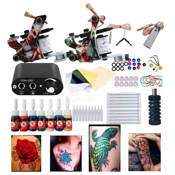 Professional Tatoo Kit 2 Machine Equipment Colors Inks Power Supply ...