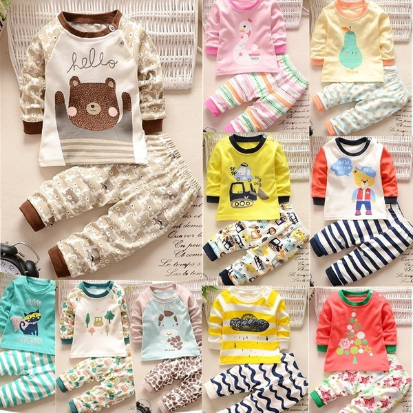 2 Pcs Sets Baby Boys Girls Sleepwear Kids Cartoon Cotton Long Sleeve ...