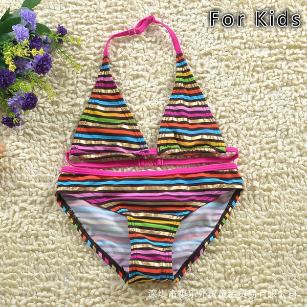 New Girl Rainbow Color Bathing Suit Girls Tight Elastic Stripe Swimwear ...