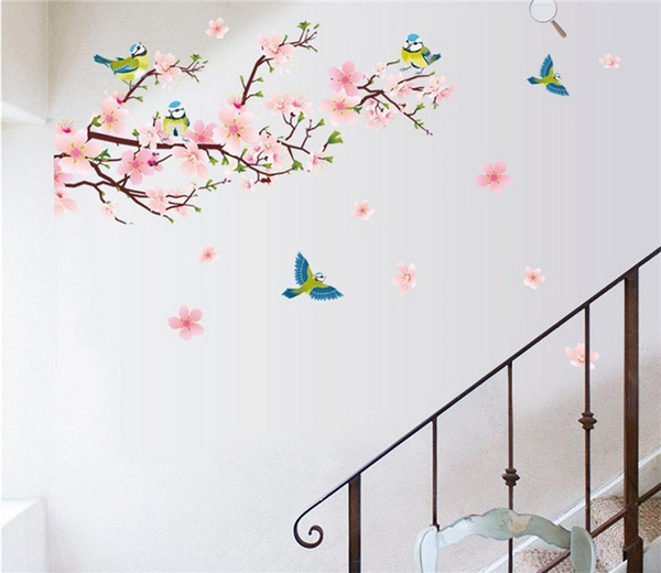Japanese Cherry Blossom Tree Wall Decor 5 Birds Wall Decal Nursery Girl ...