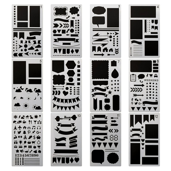 12 Pieces Journal Stencil Plastic Planner Stencils Journal/Notebook ...