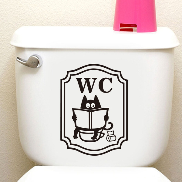 Funny Toilet Sign Wall Sticker Cartoon Cat Reading In WC For Office ...