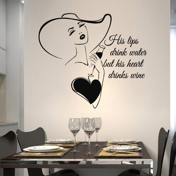 Kitchen Wall Stickers Sexy Woman Wineglass Vinyl Decal Quotes His Lips