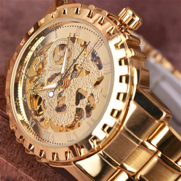 WINNER Automatic Carving Gold Chinese Dragon Skeleton Mechanical ...