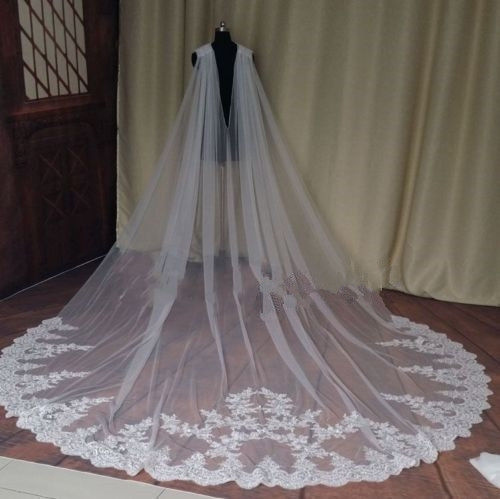 White / Ivory Cathedral Bridal Cape Cloak Lace Long Wedding Dress ...