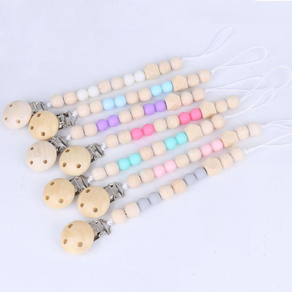 Baby Kids Wooden Beaded Pacifier Holder Clip Nipple Teether Dummy Strap ...