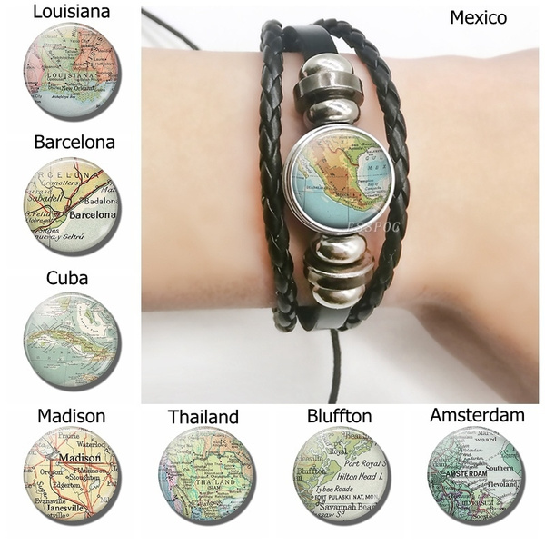 Vintage Mexico Map Glass Black Multi-layered Braided Bracelets ...