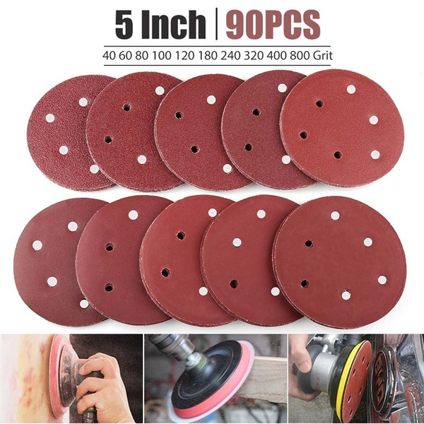 5 Inch 6-Hole Hook and Loop Sanding Discs - 90PCS 40/60/80/100/120/180 ...