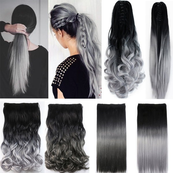 Neverland Women's Fashion Silver Gray Ombre Color Curly Straight Clip ...