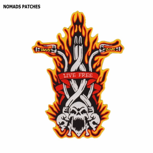 NOMADS Flame Skull Embroidered Iron On Patches For Clothing Motorcycle Jacket Biker Vest Patches ...