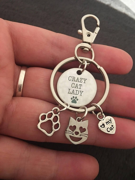 Handmade Crazy Cat Lady charm keychain keyring i love cats lucky waving ...