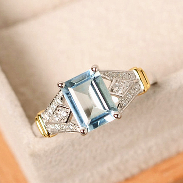 Gorgeous Fashion Women Princess Cut Blue Crystal Cubic Zirconia Ring ...