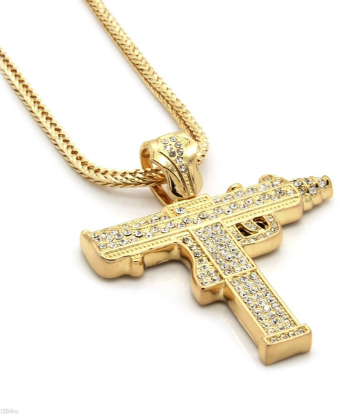 Mens Gold Iced Out Gun Uzi Pendant Hip-Hop 36" Inch Necklace Chain KJ ...