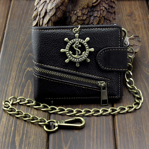 Cool! Genuine Leather Wallet ID Card Holder Purse with Chain for Mens ...
