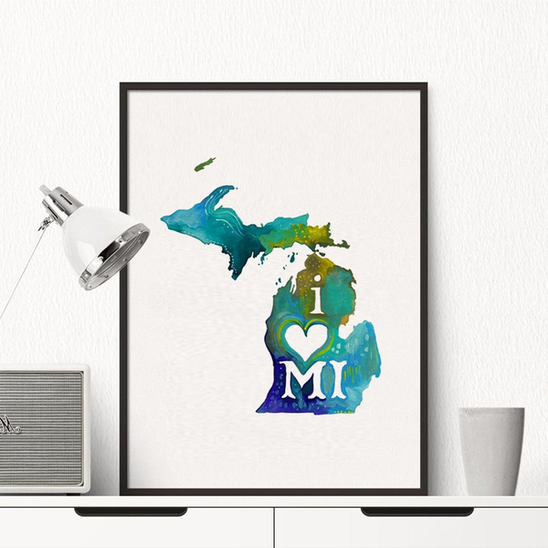 Michigan Map Decor US States Office Decor Watercolor Painting Michigan ...
