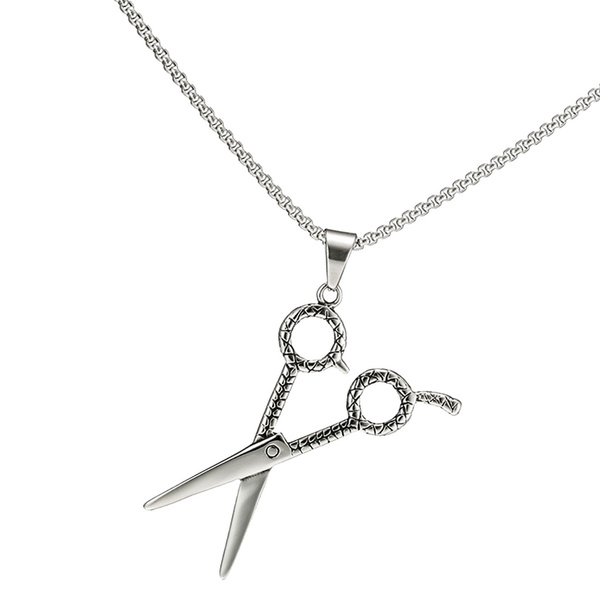 Antique Silver Stainless Steel Scissor Pendant Necklace Long Beads ...