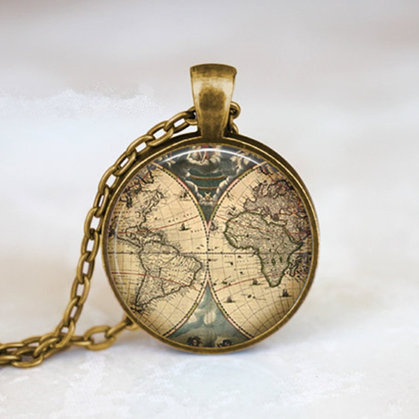 Glass Ancient World Map Necklace Handmade explorer pendant Antique Map ...