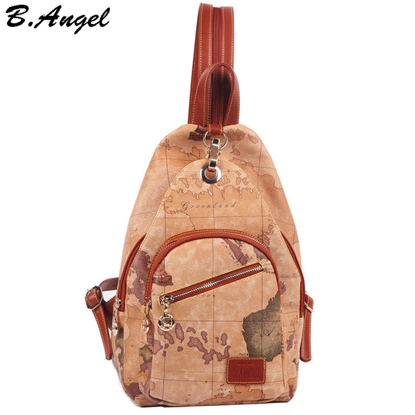 Vintage Leather Map Pattern Multi-pocket Shoulder Bag Backpack Purse ...