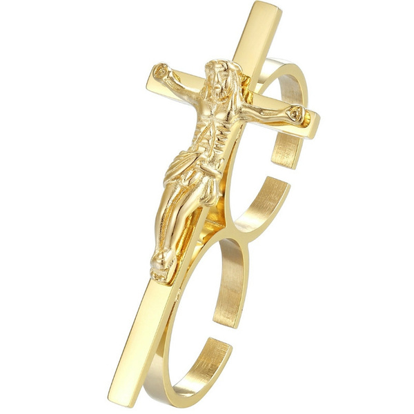 Men's Fashion Jesus Christ Crucifix Cross Two Fingers 18K Gilding Ring ...